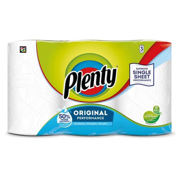 Plenty Original Kitchen Roll 2 Ply 3 Rolls of 100 Sheets