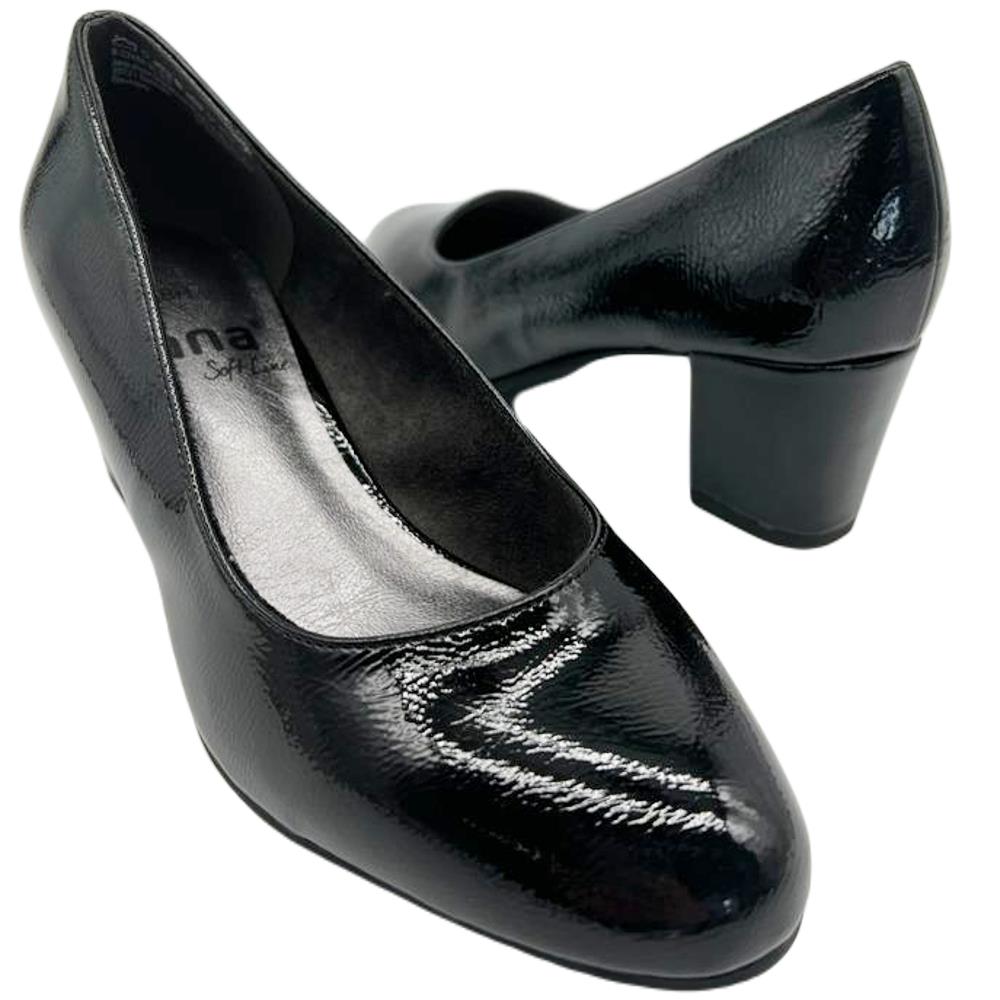 JANA WOMENS MEDIUM HEEL COURT SHOE - BLACK PATENT | Paul Byron Shoes ...