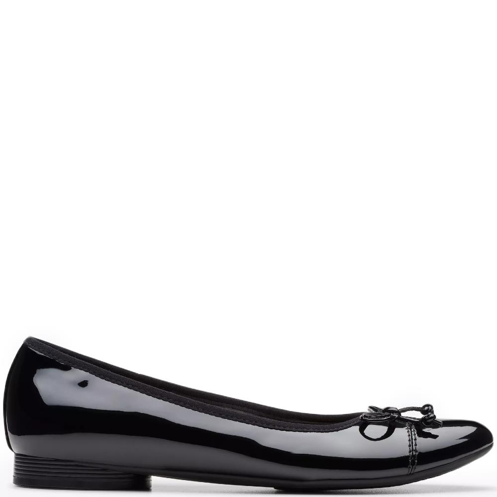 CLARKS WOMENS FLAT BOW POMP - BLACK PATENT | Paul Byron Shoes | Ireland