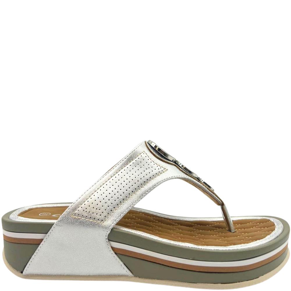 COMFORT WOMENS WEDGE TOE POST SANDAL - SILVER | Paul Byron Shoes | Ireland