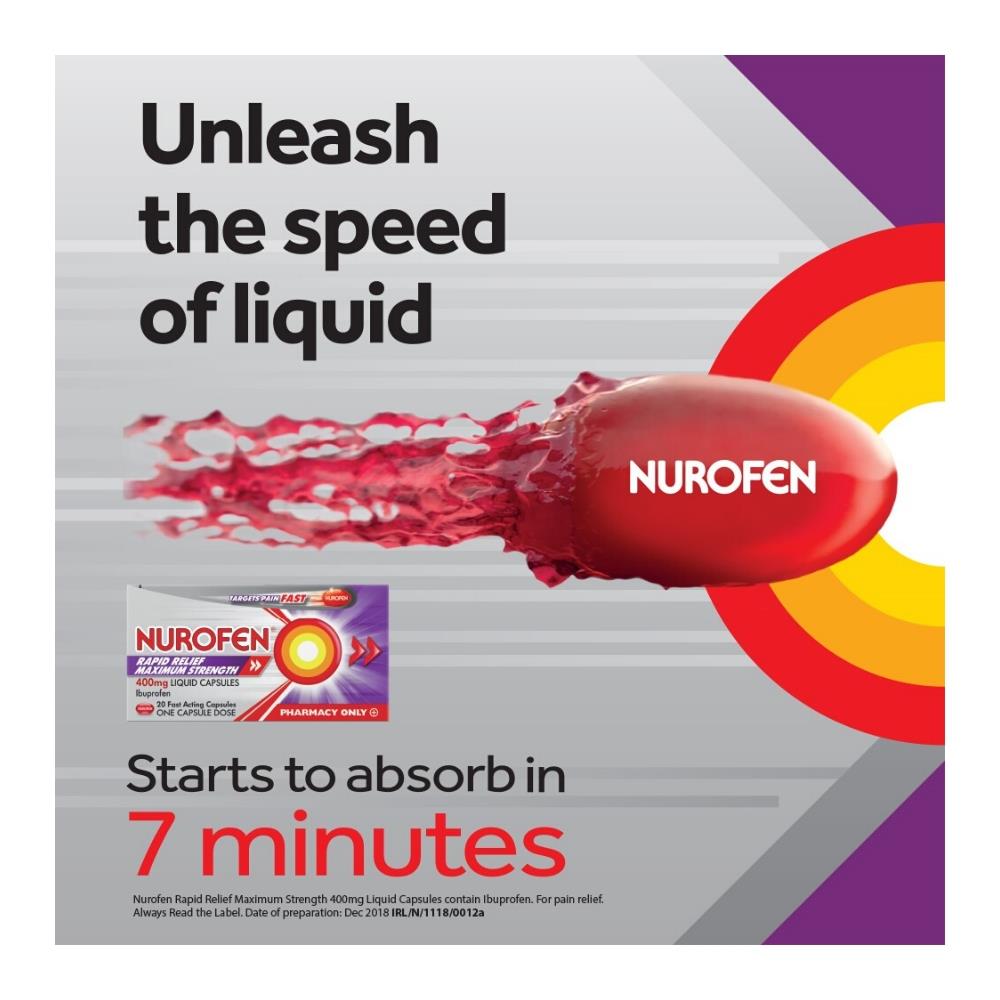 NUROFEN RAPID RELIEF LIQUID CAPSULES 400MG 20S | Molloys Pharmacy | Ireland