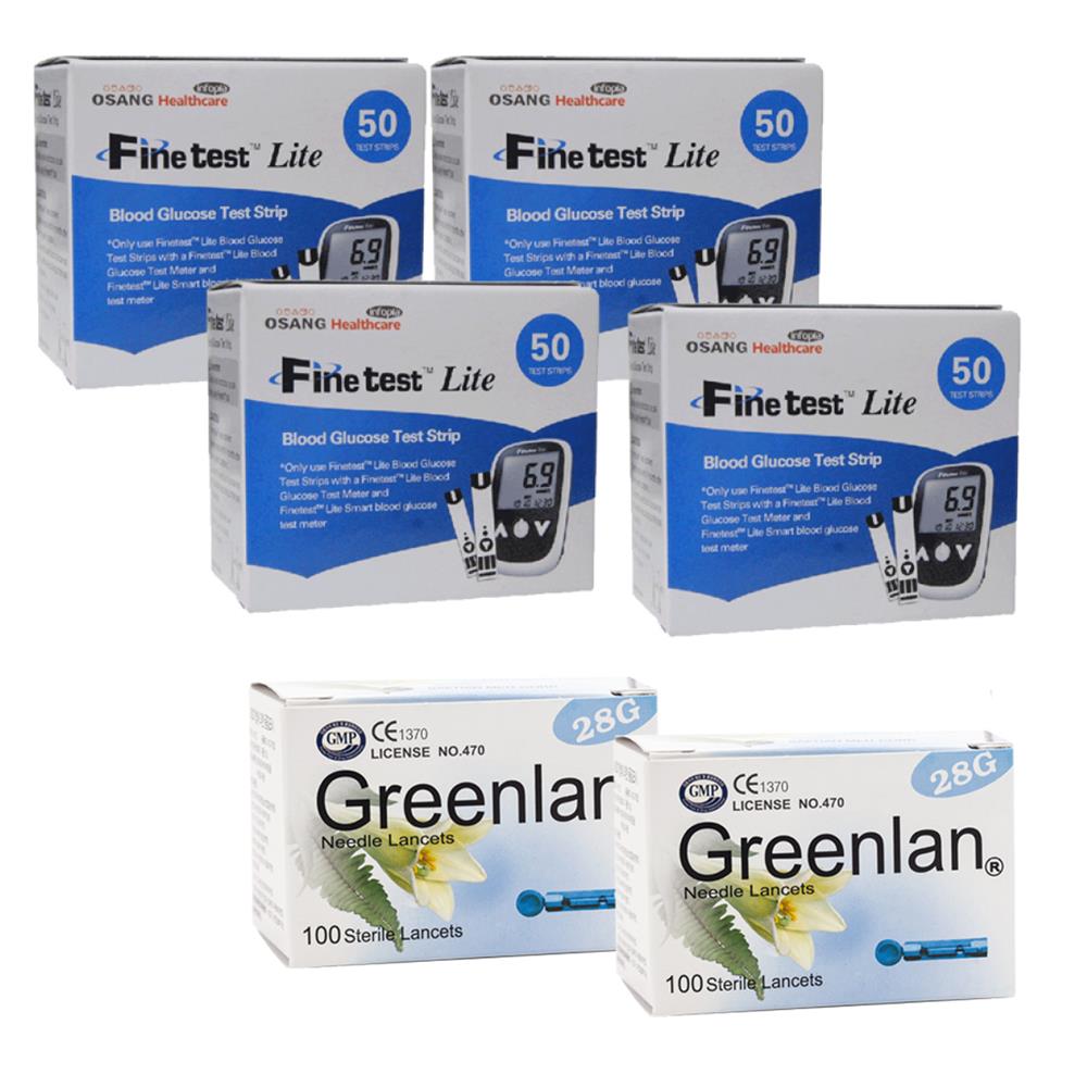 Finetest Lite Blood Glucose Strips (4 Packs) & Greenlan Needle Lancets ...