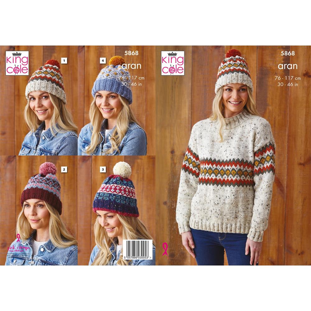 King Cole Pattern #5868 Sweater & Hats in Fashion Aran