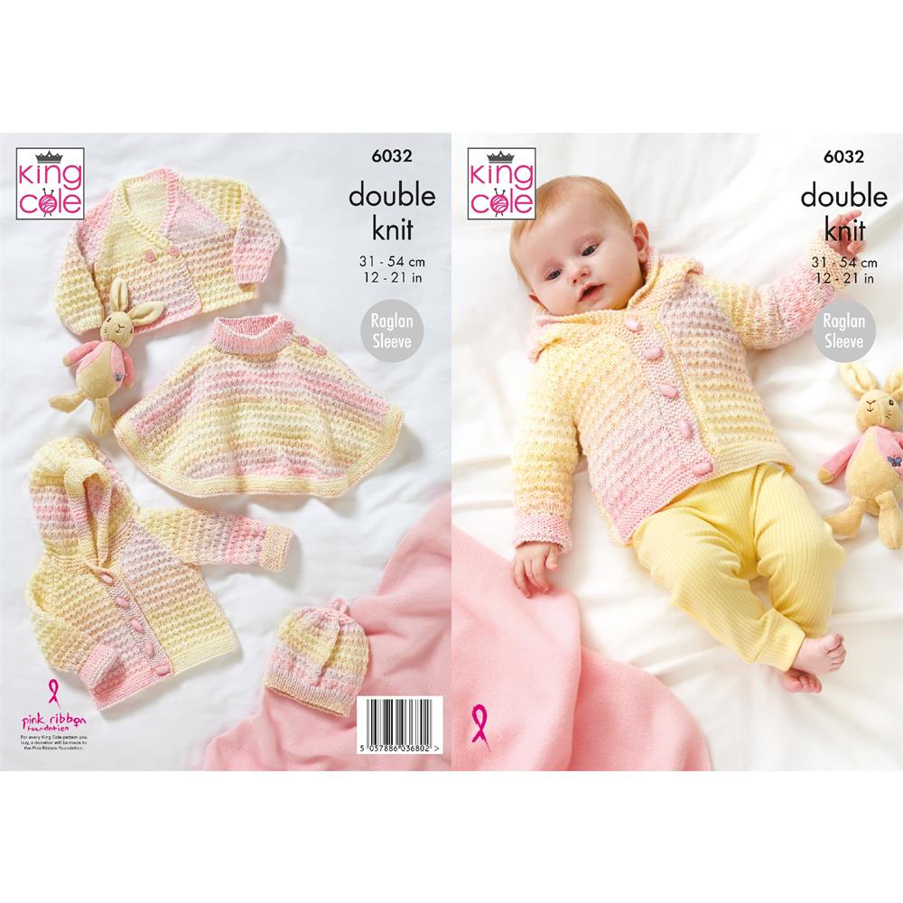 King Cole Pattern #6032 Cardigan, Cape, Jacket & Hat in Cutie Pie DK