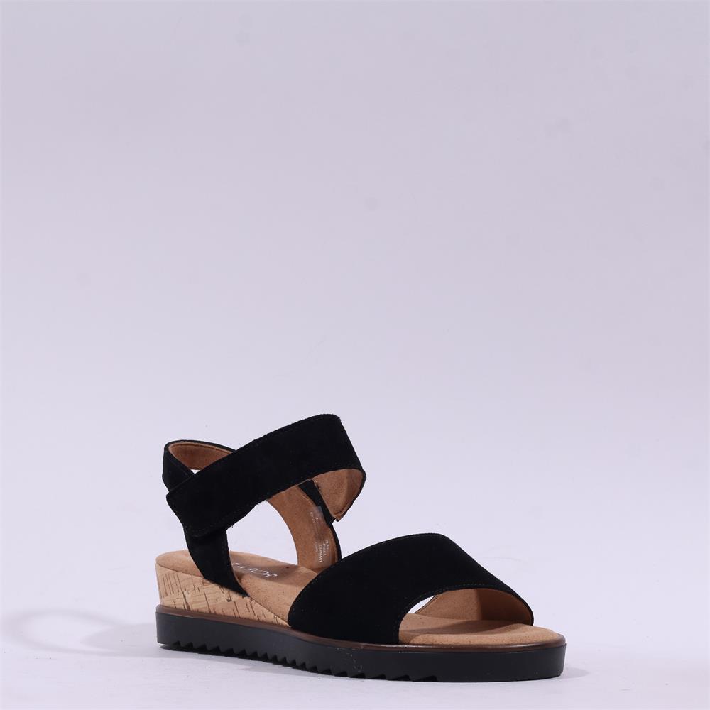 Gabor Raynor Low Wedge Velcro Sandal - Black Suede | Vaughan Shoes ...