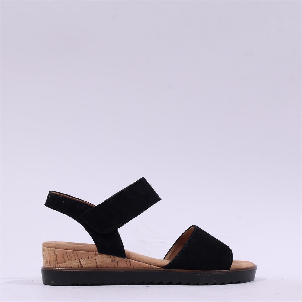 Gabor Raynor Low Wedge Velcro Sandal - Black Suede | Vaughan Shoes ...