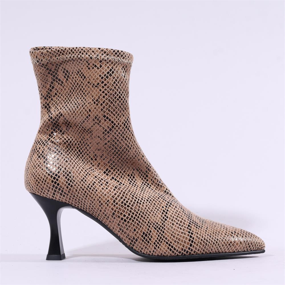 Miss Elastic High Heel Point Ankle Boot - Beige Snake | Vaughan Shoes ...