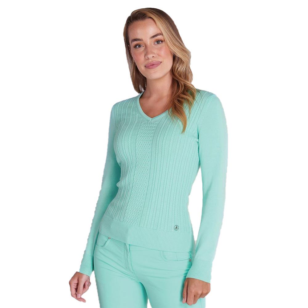 Green Lamb Ladies Gillian Slim Fit V-Neck Cable Sweater Opal