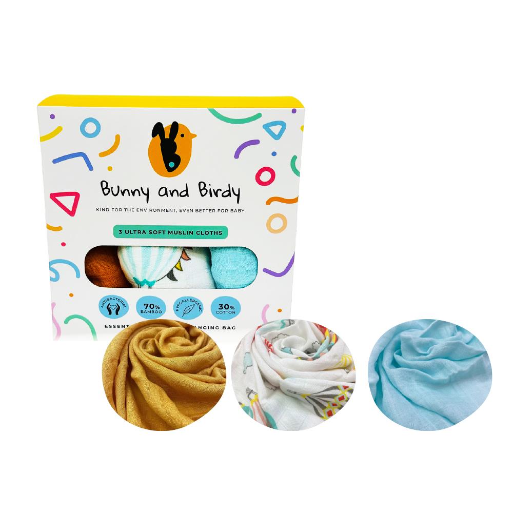 Bunny & Birdy 3 Ultra Soft Muslin Cloths | Inish Pharmacy | Ireland