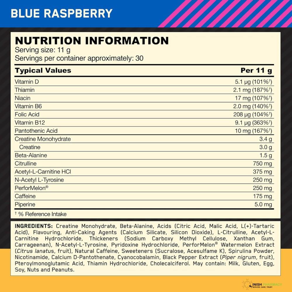 Optimum Nutrition Pre-Workout Blue Raspberry 300g | Inish Pharmacy ...