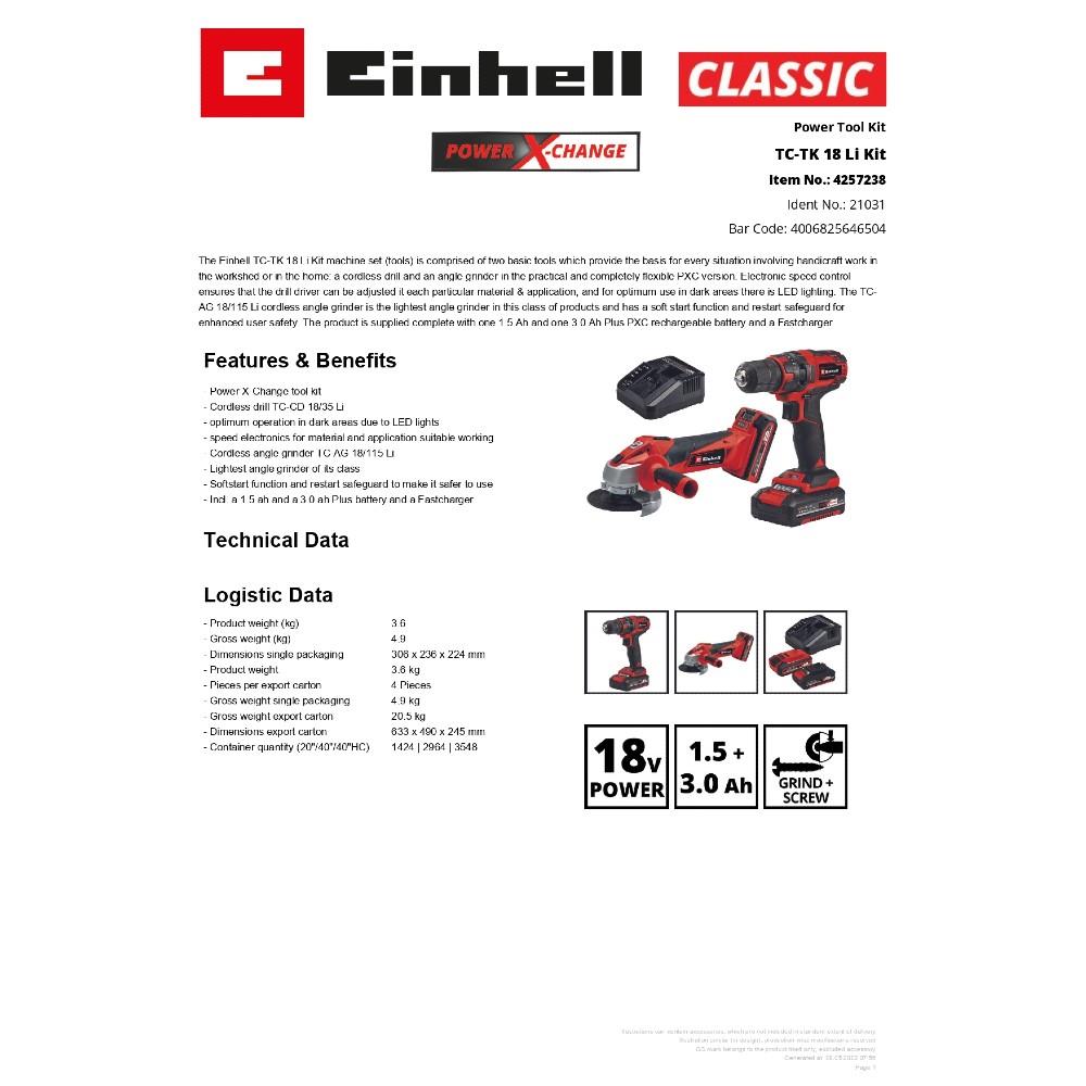 Einhell Power X-Change Cordless Drill Driver and Angle Grinder 18V |EEC ...