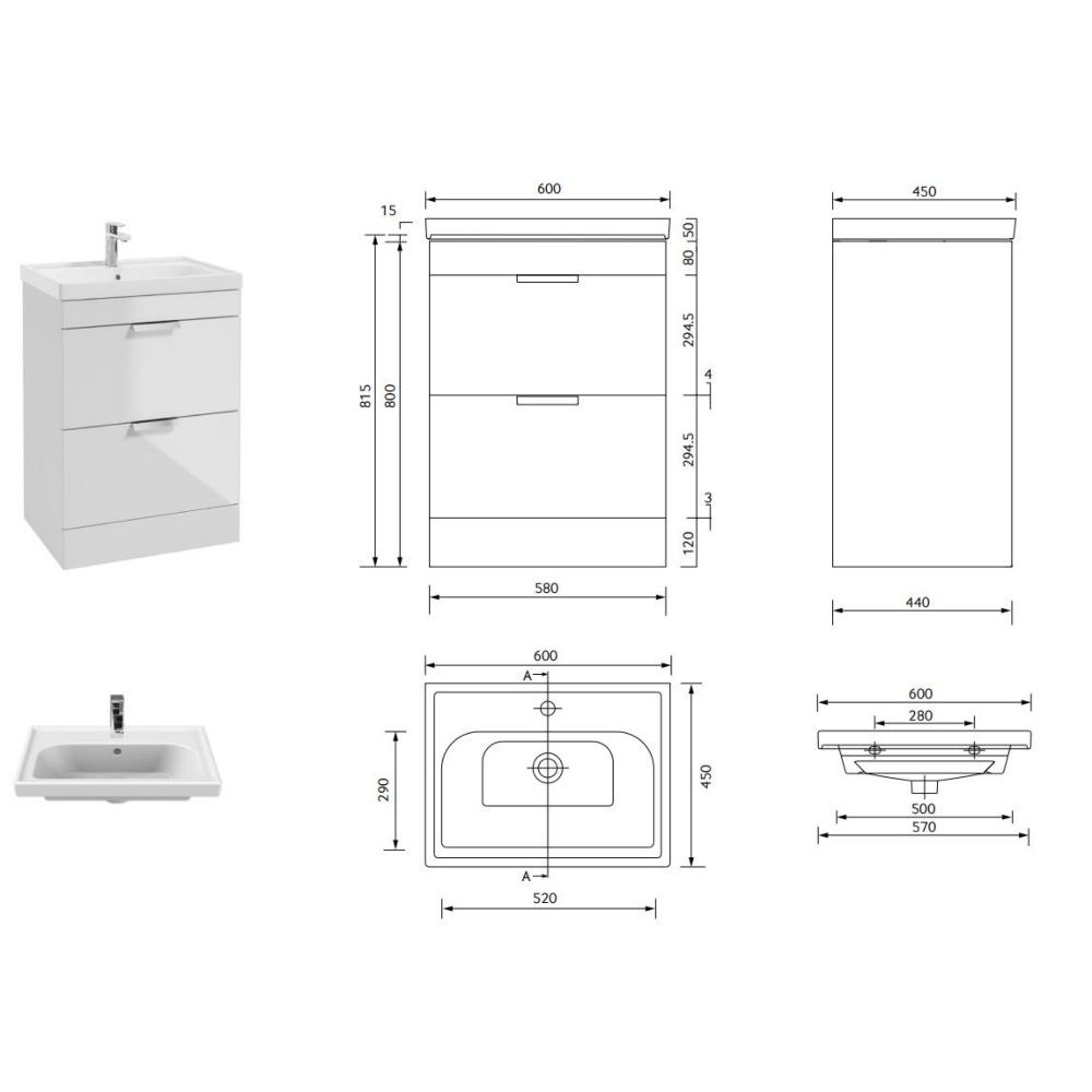 Sonas Stockholm Ocean Blue Matt 60Cm 2 Drawer Floor Standing Vanity ...